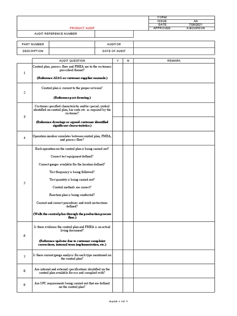 Product Audit Form | PDF | Audit | Specification (Technical Standard)