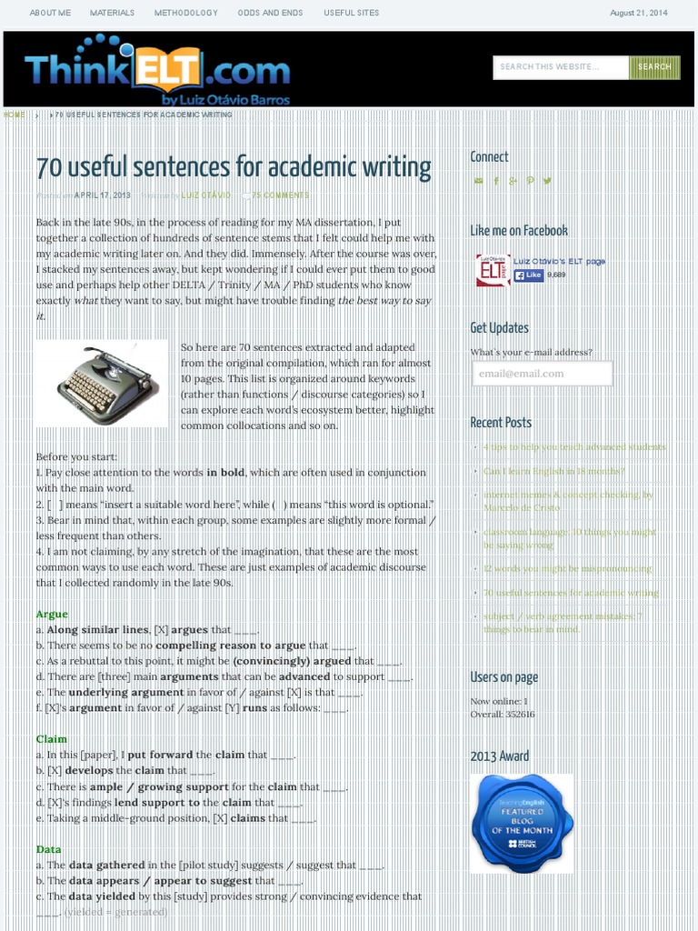 70 Useful Sentences For Academic Writing | PDF | Plural | Data