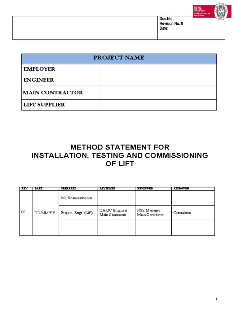 Method Statement Rev 0 | PDF | Quality Assurance | Elevator