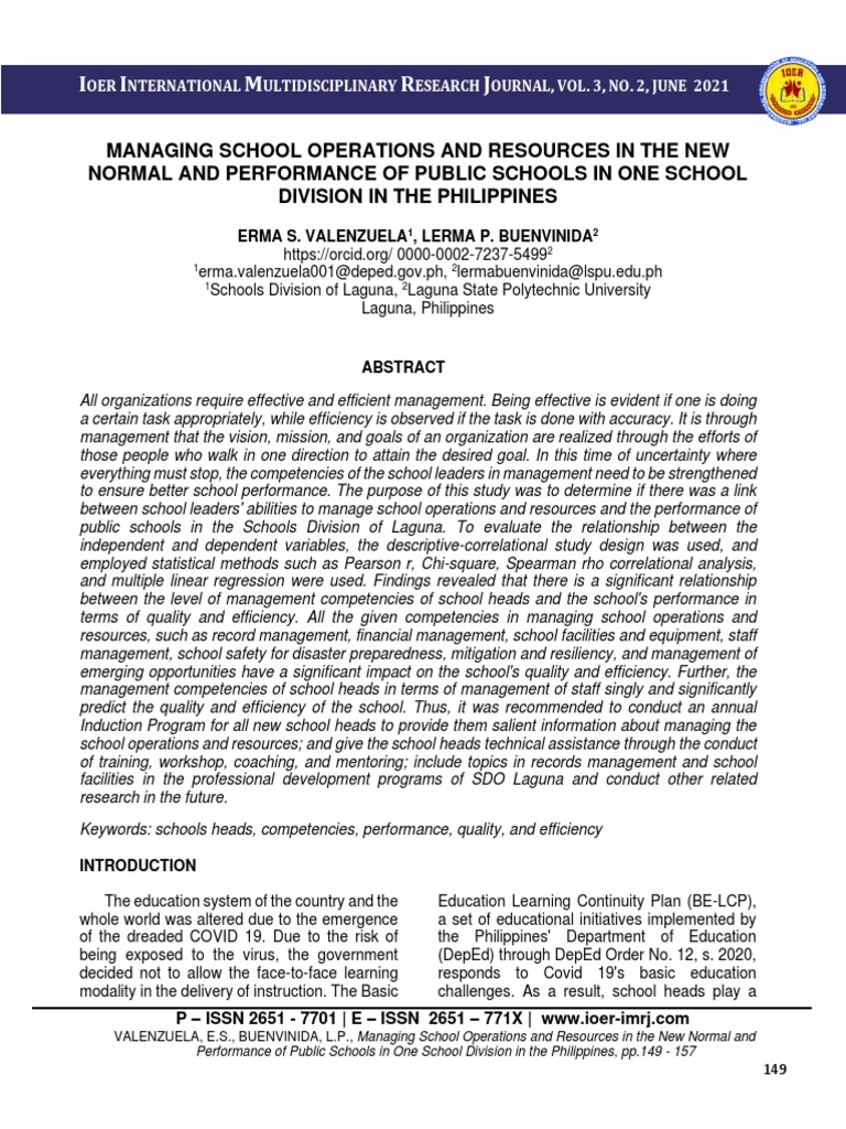 Managing School Operations and Resources in The New Normal and Performance of Public Schools ...