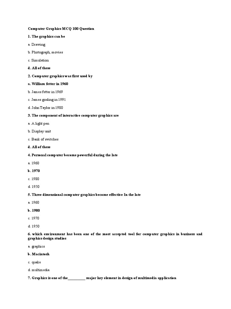 Computer Graphics MCQ 100 Question | PDF | Computer Graphics | Printer ...