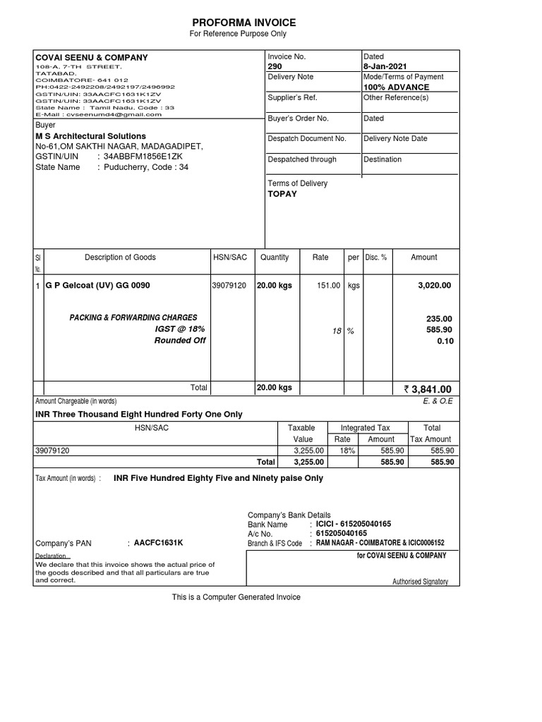 Proforma Invoice: No-61, Om Sakthi Nagar, Madagadipet, Gstin/Uin ...