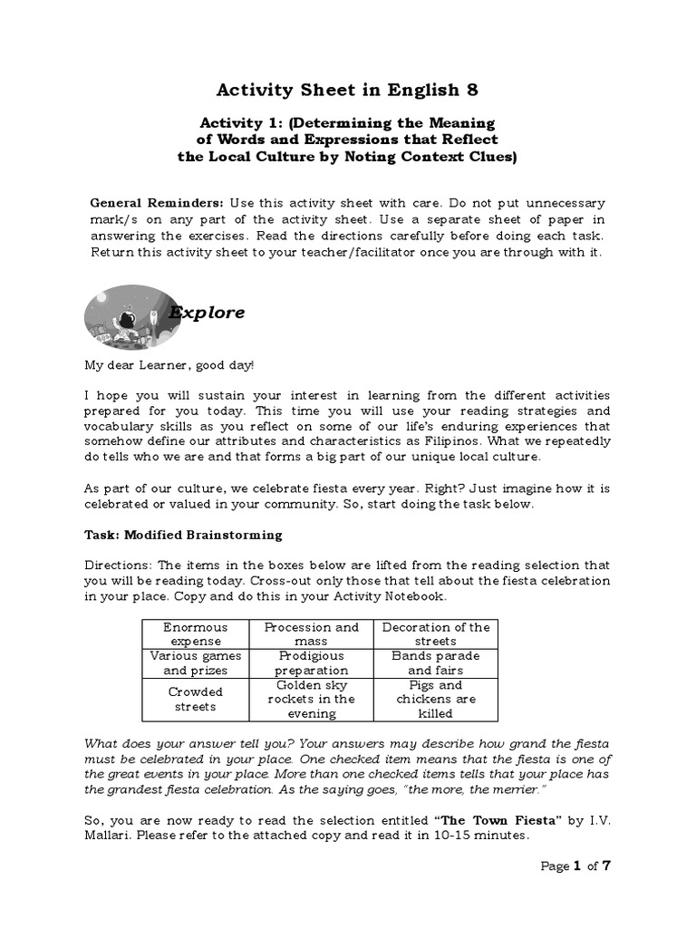 Activity Sheet in English 8: Explore | PDF | Lunch | Festival