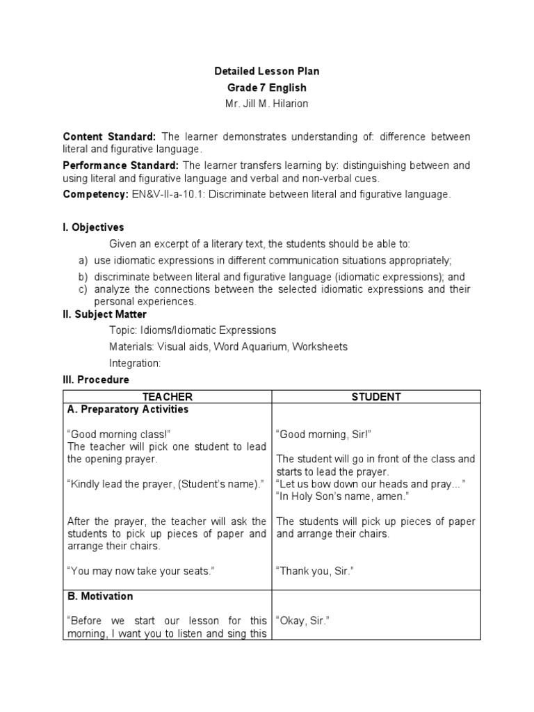 Grade 7 Lesson Plan on Idioms | PDF | Idiom | Lesson Plan