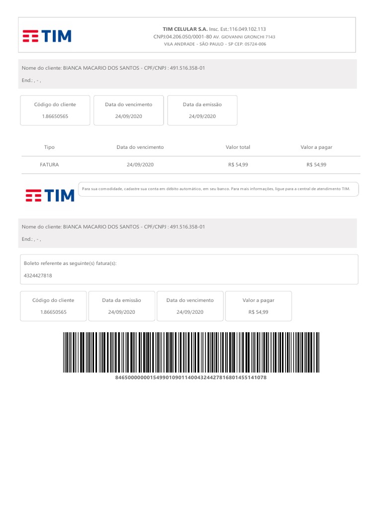 Boleto TIM - Fatura de Setembro 2020 | PDF | Negócios | Finanças e ...