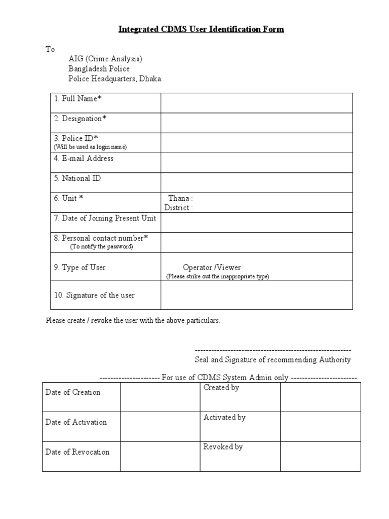 Integrated CDMS User Identification Form: (Will Be Used As Login Name ...