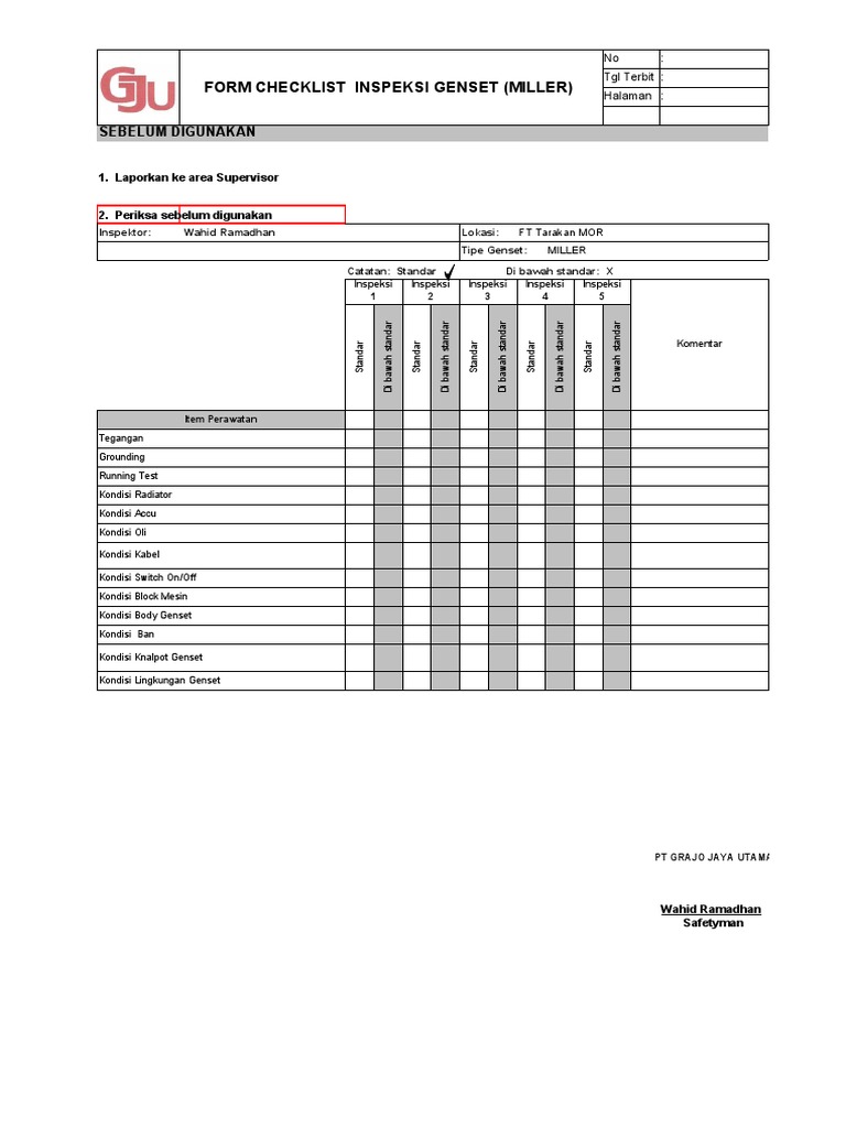 Form Ceklist Genset | PDF