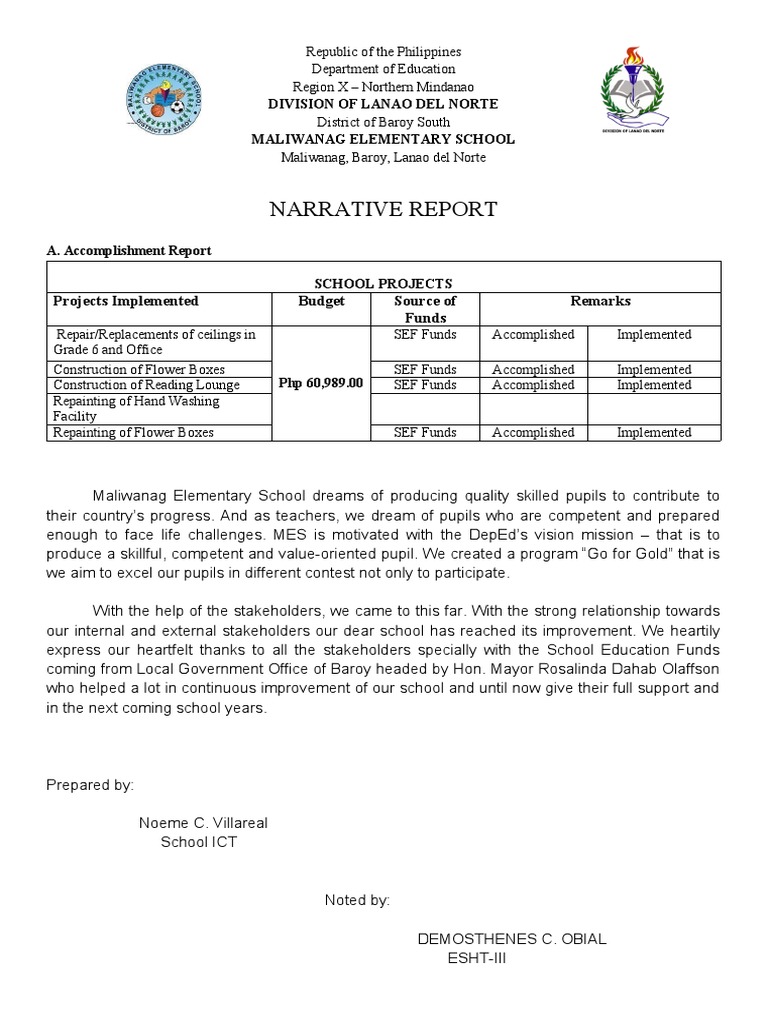 Narrative Report: Projects Implemented Budget Source of Funds Remarks ...