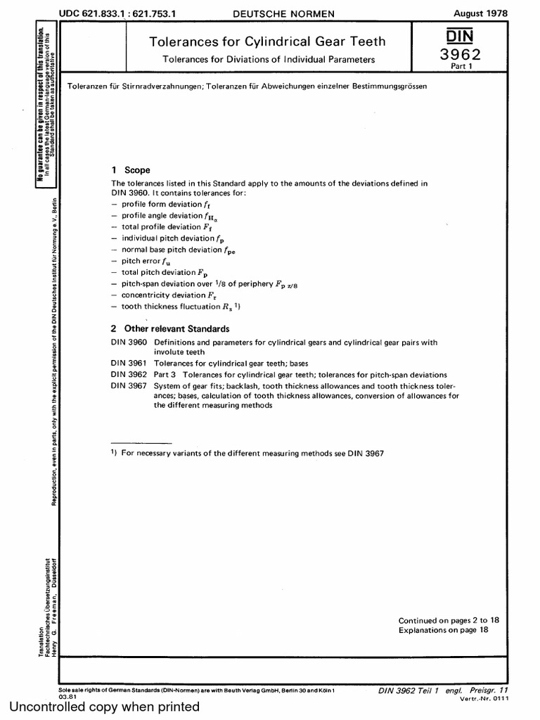 Din 3962 1 Tolerances For Cylindrical Gear Teethpdf | PDF