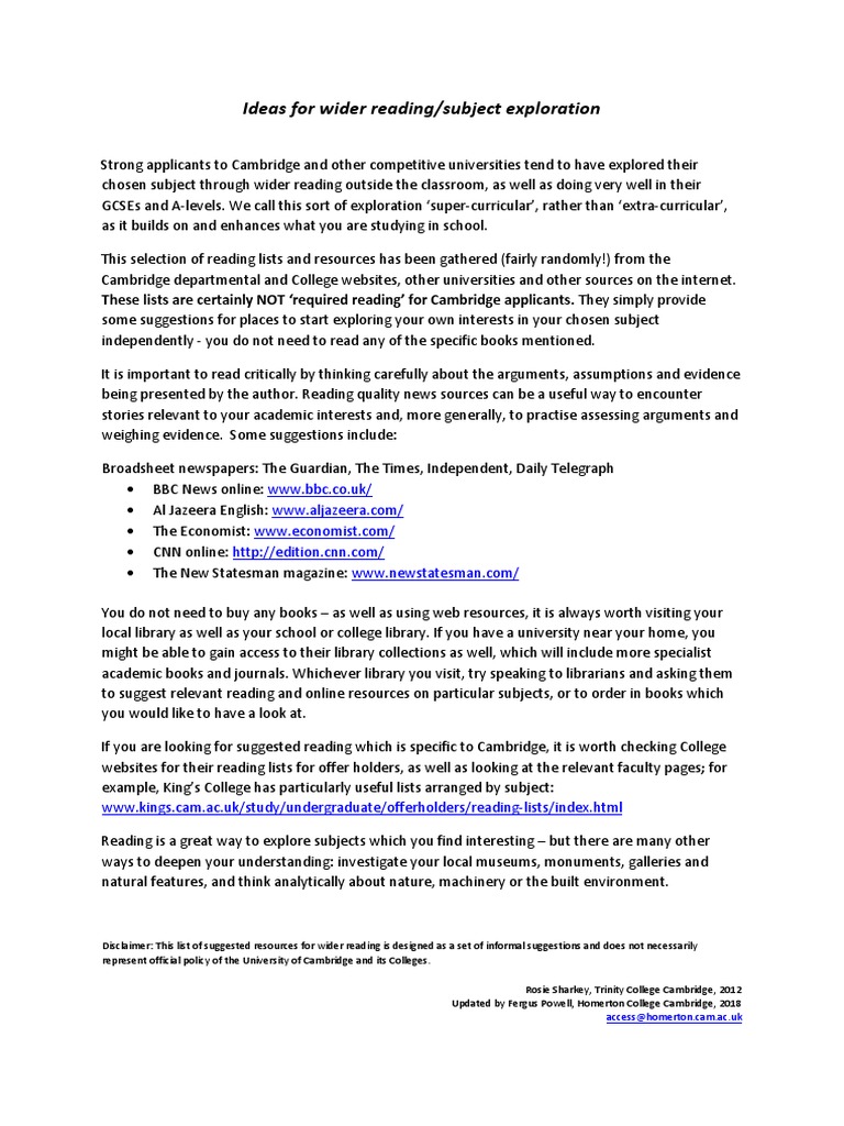 Cambridge Wider Reading Suggestions | PDF | University Of Cambridge ...