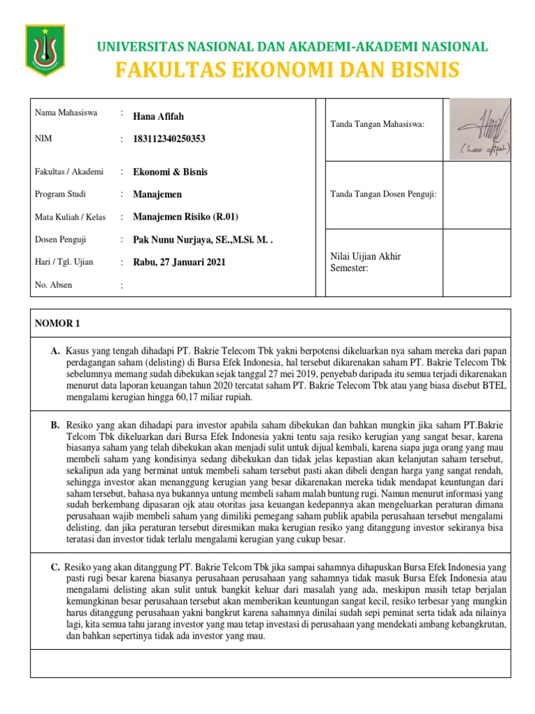 Jawaban UAS M.Risiko (R.01) - (18-353) | PDF