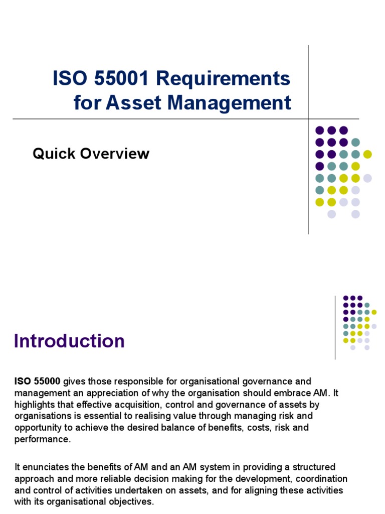ISO 55001 Asset Management Overview | PDF | Regulatory Compliance | Risk