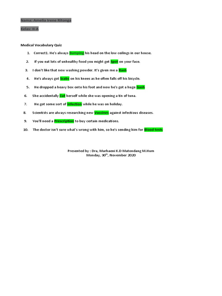 Nama: Amelia Irene Ritonga Kelas: II-A: Medical Vocabulary Quiz | PDF