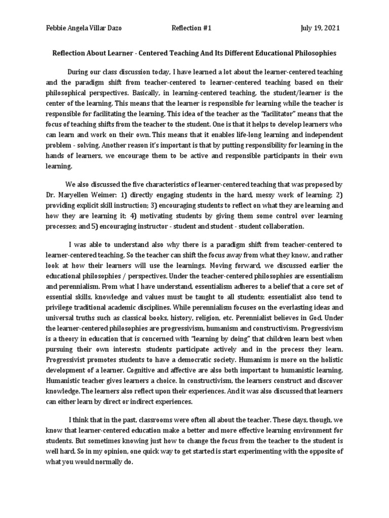 Reflection About Learner Centered Teaching And Its Different Educational Philosophies Pdf