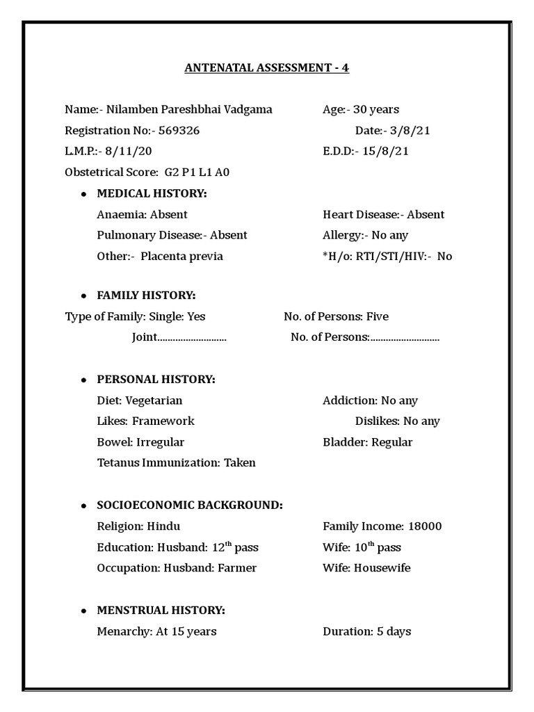 ANTENATAL ASSESSMENT Form 4 | PDF | Prenatal Development | Medical ...