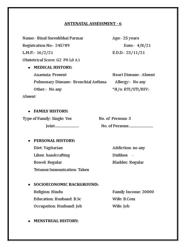 ANTENATAL ASSESSMENT Form 6 | PDF | Medical Specialties | Clinical Medicine