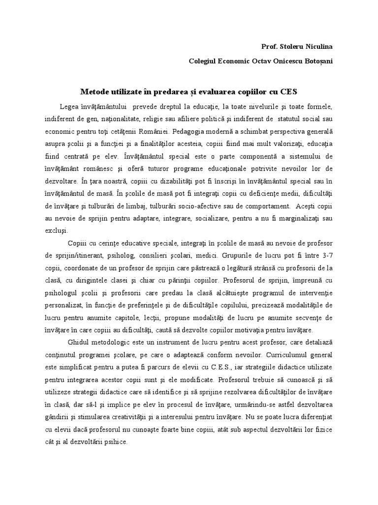 Metode de Predare Evaluare A Copiilor Cu Ces | PDF