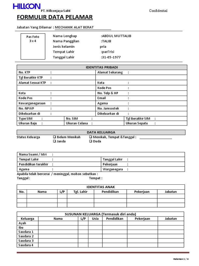Formulir Data Pelamar Lengkap | PDF