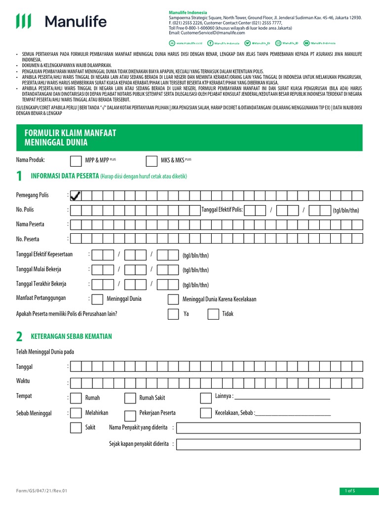 Formulir Klaim Manfaat Meninggal Dunia | PDF