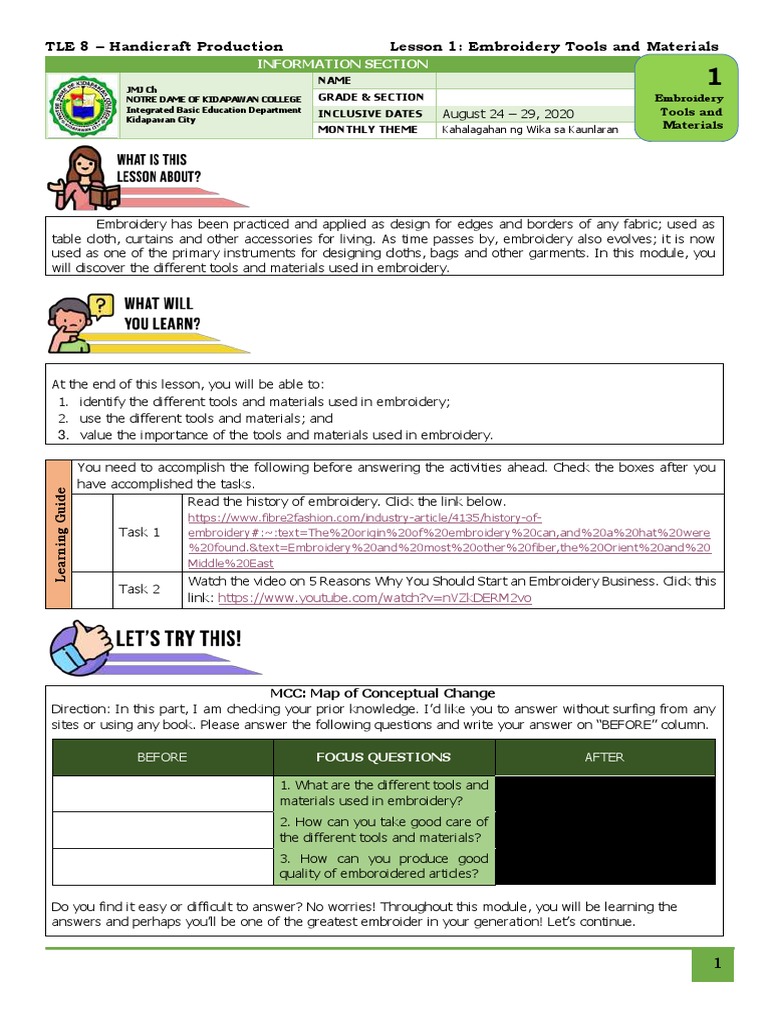 TLE 8 - Handicraft Production Lesson 1: Embroidery Tools and Materials ...