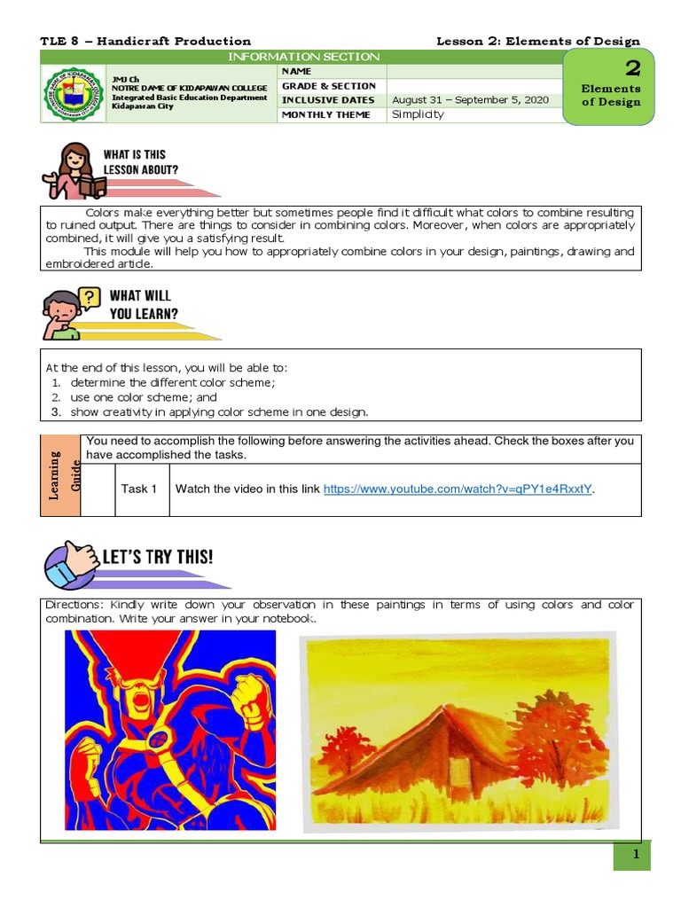 TLE 8 - Handicraft Production Lesson 2: Elements of Design: Information ...
