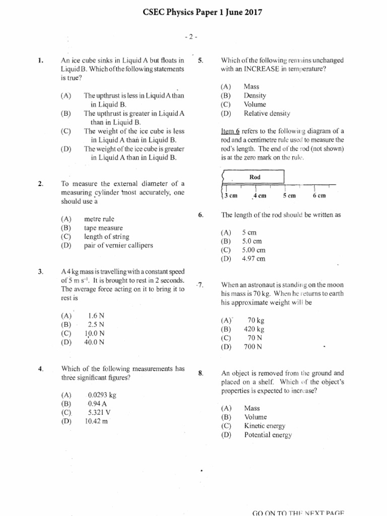 CSEC Physics Paper 1 June 2017 | PDF | Heat | Electron