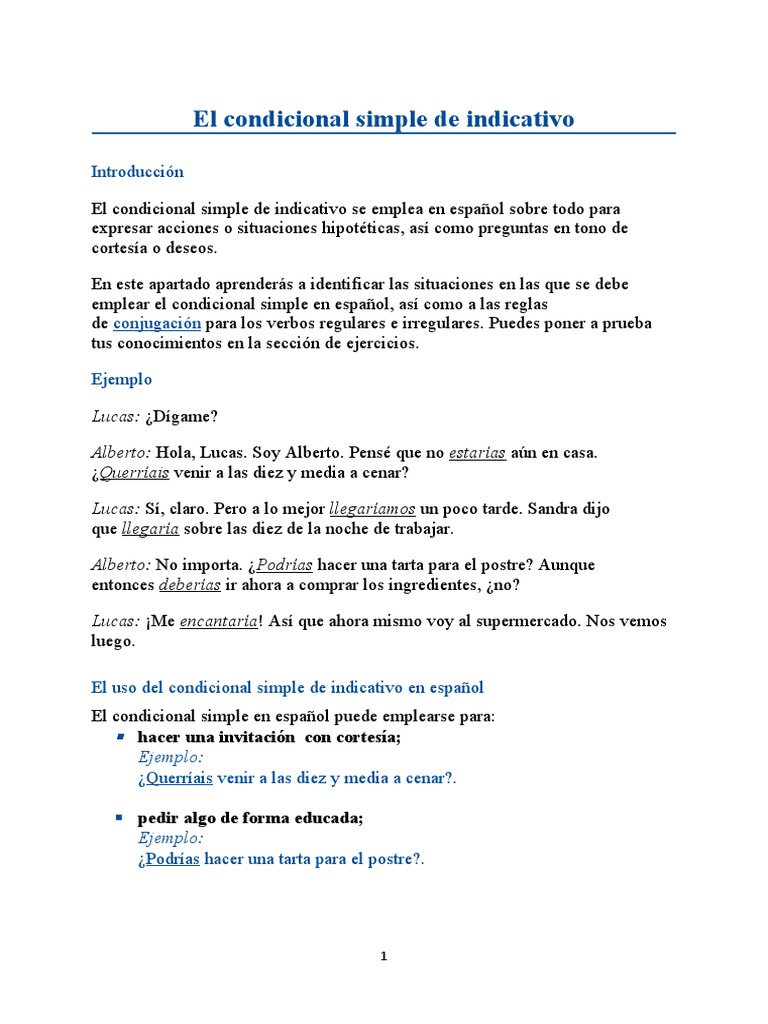 Uso y ejercicios del condicional simple | PDF | Verbo | Idiomas
