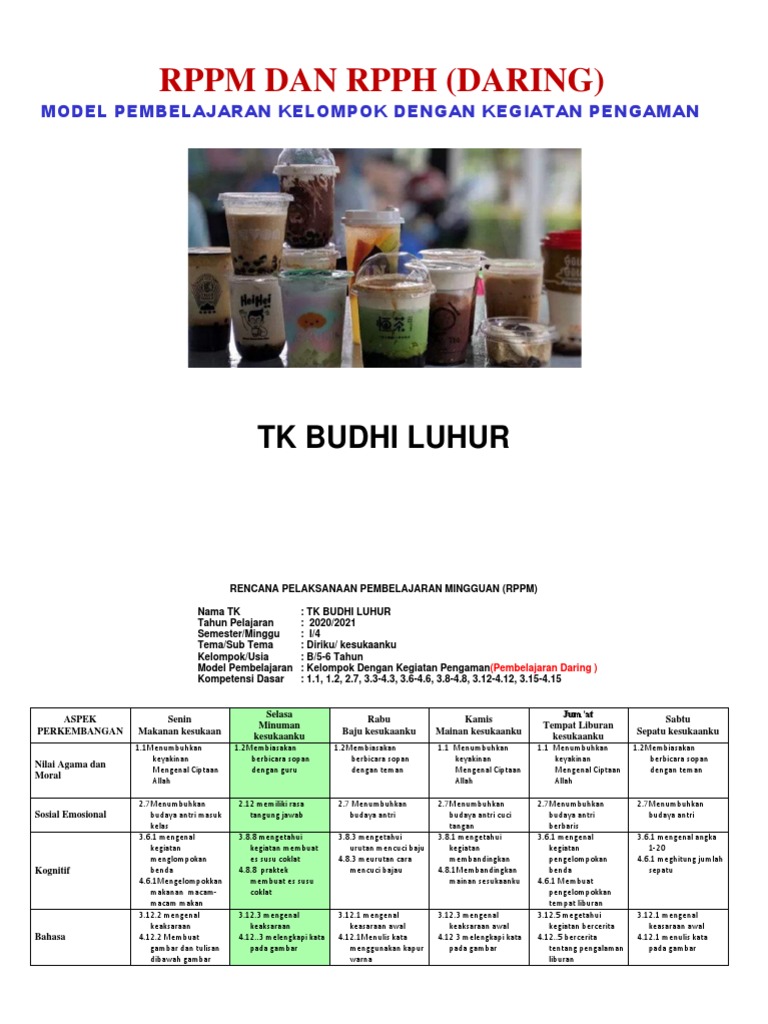 RPPM Dan RPPH (Daring) : TK Budhi Luhur | PDF