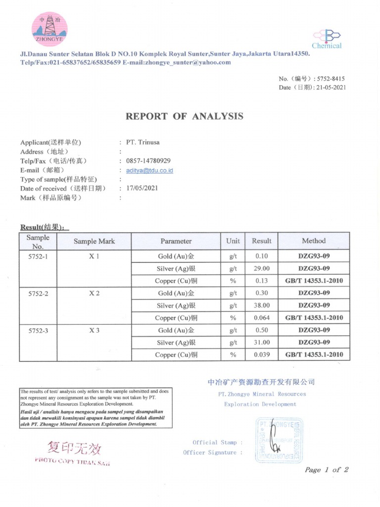 Roa 5752 Hasil Lab Sampel Trinusa | PDF