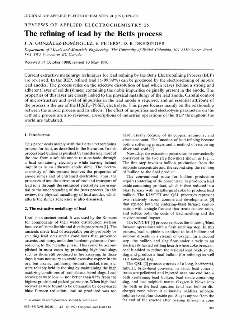The Refining of Lead by The Betts Process | PDF | Lead | Anode