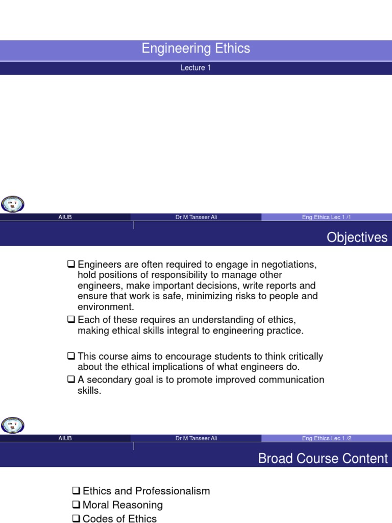 Engineering Ethics: Aiub DR M Tanseer Ali Eng Ethics Lec 1 /1 | PDF | Profession | Professional ...