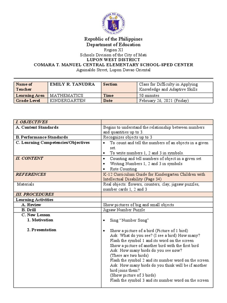 Republic of The Philippines Department of Education: I. Objectives ...