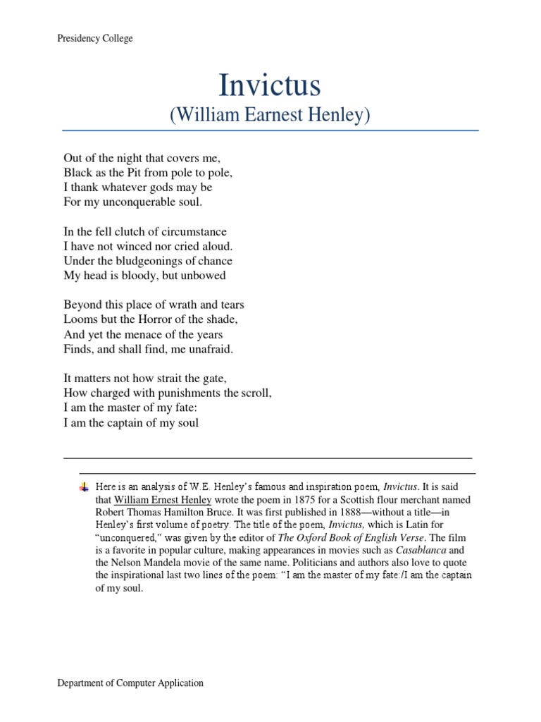 An In-Depth Analysis of W.E. Henley's Inspiring Poem 'Invictus' | PDF ...