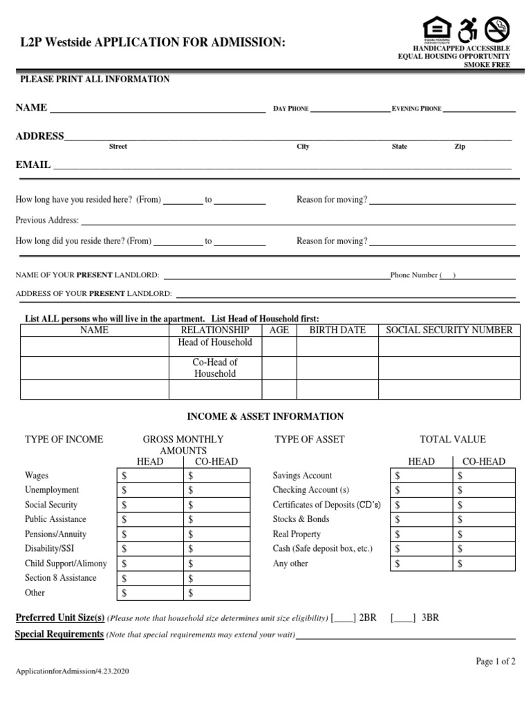 Application For Admission-L2P | PDF | Supplemental Security Income | Lease