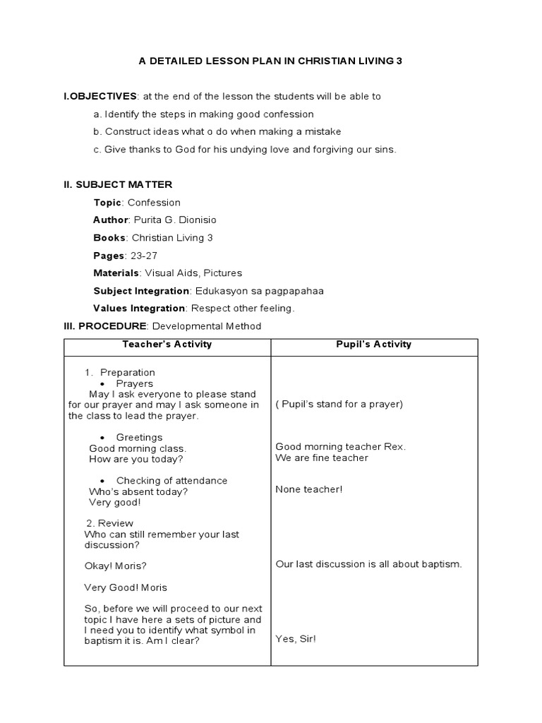 A Detailed Lesson Plan in Christian Living 3 | PDF | Confession ...