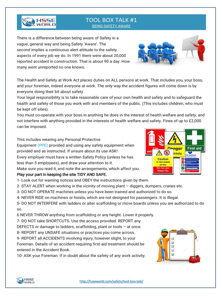 Tool Box Talk 1 Being Safety Aware | PDF | Occupational Safety And ...