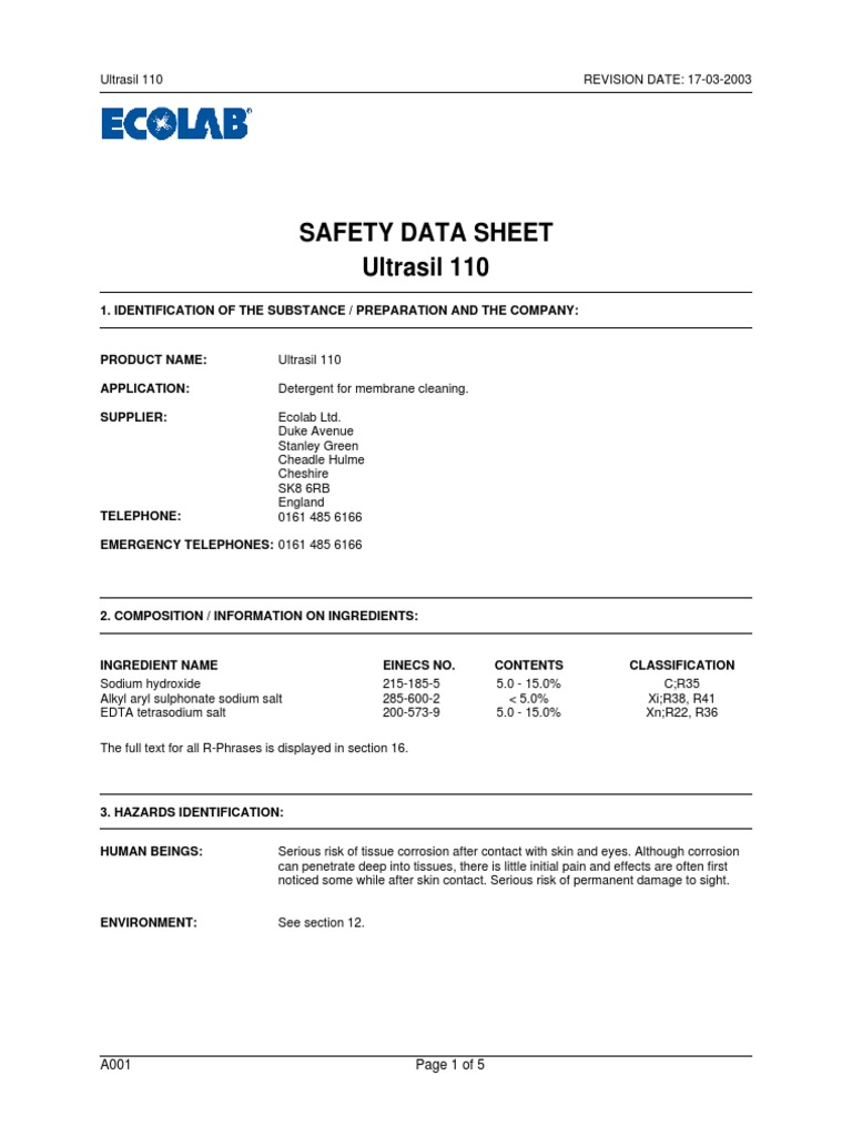 Safety Data Sheet Ultrasil 110: Page 1 of 5 A001 | PDF | Physical ...