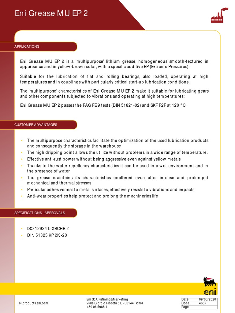 Eni Grease MU EP 2 Specifications | PDF | Chemical Substances ...