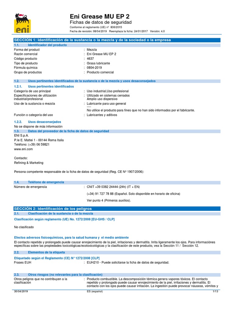 Eni Grease Mu Ep 2 - 4637 - 4.0 - Es | PDF | Hidrocarburos | Agua