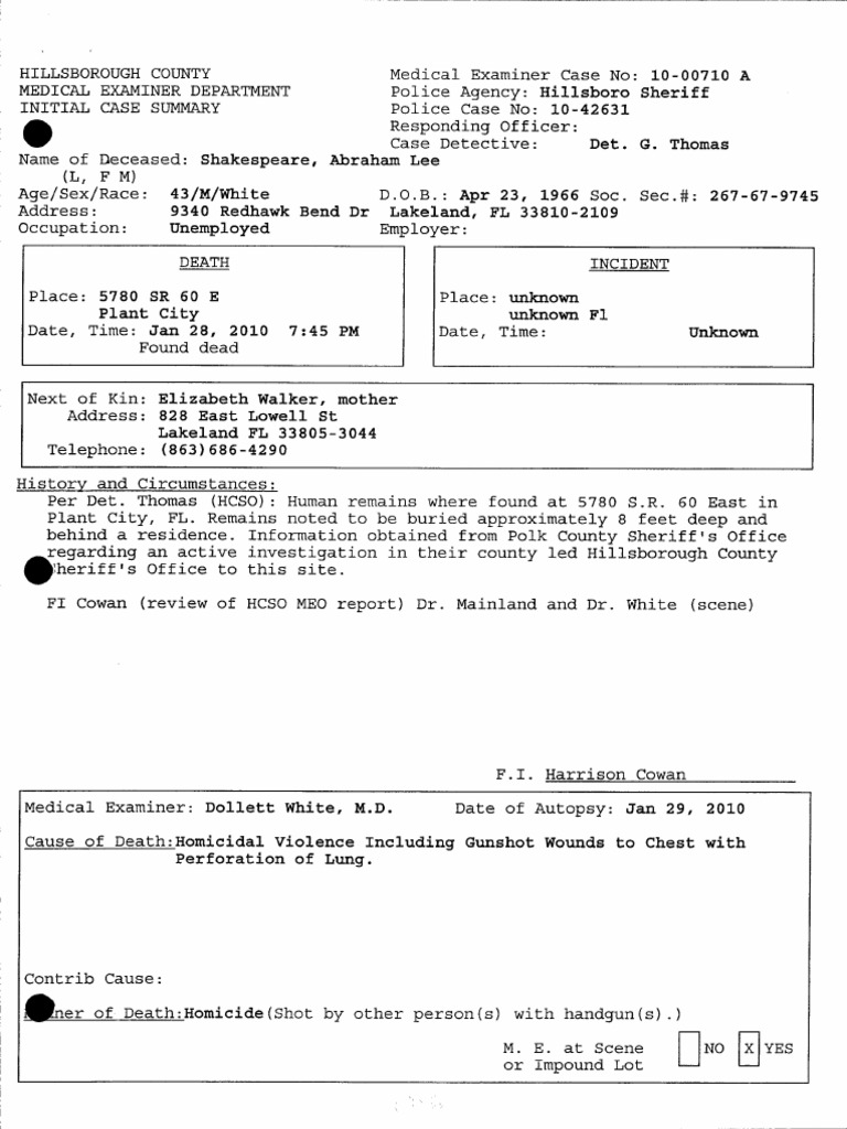 Abraham Shakespeare Autopsy Report | PDF