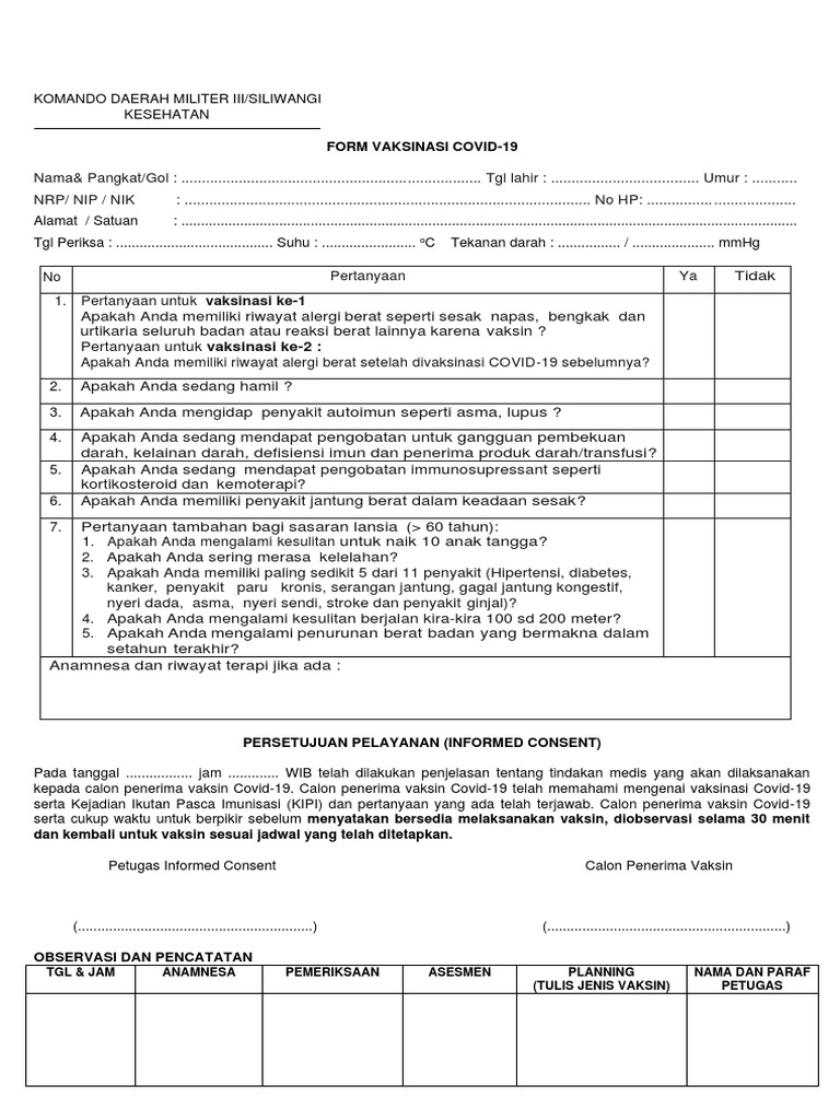 Formulir Skrining Vaksinasi Covid-19 Update | PDF