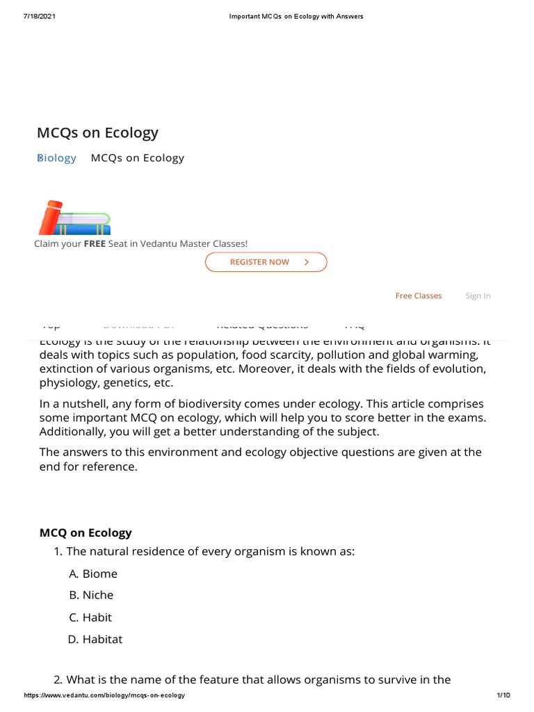Important Ecology MCQs with Answers | PDF