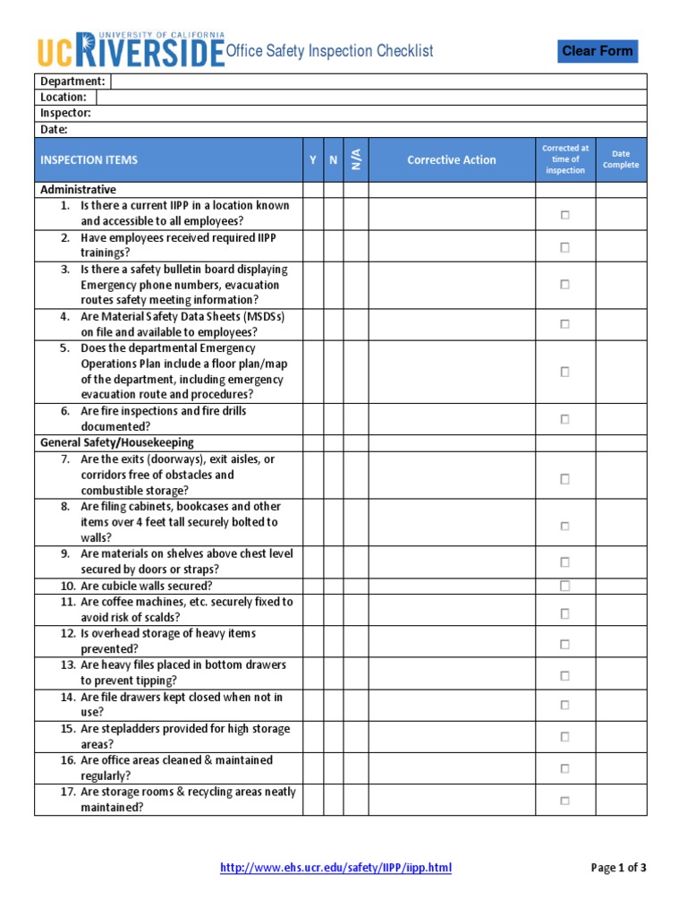 Office Safety Inspection Checklist: Inspection Items Y N Corrective ...