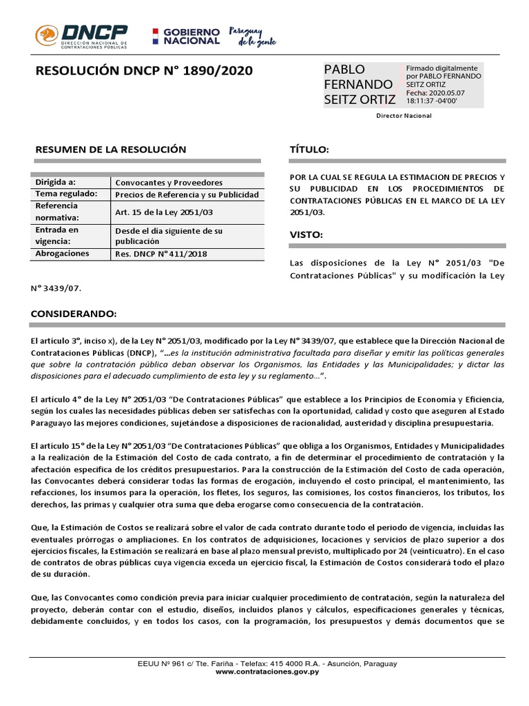 Res - DNCP - 1890 - 20 Precios Referenciales | PDF | Presupuesto | Business