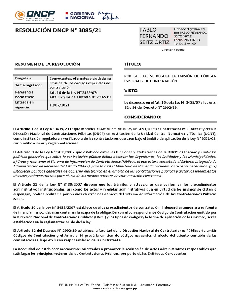 Res DNCP 3085 21 | PDF | Gobierno E | Gobierno