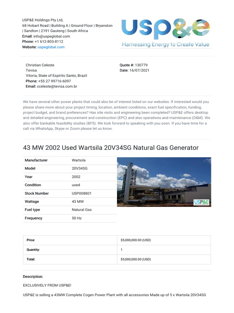 43 MW 2002 Used Wartsila 20V34SG Natural Gas Generator | PDF | Foreign ...