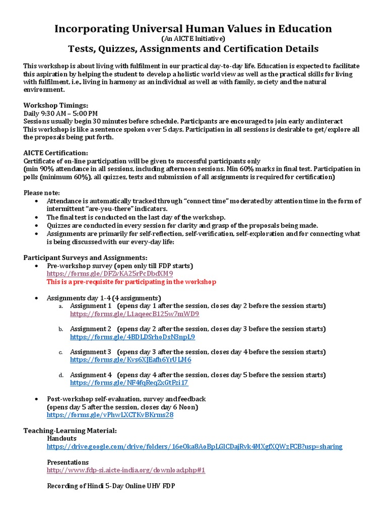 Universal Human Values in Education Workshop | PDF | Lecture | Teachers