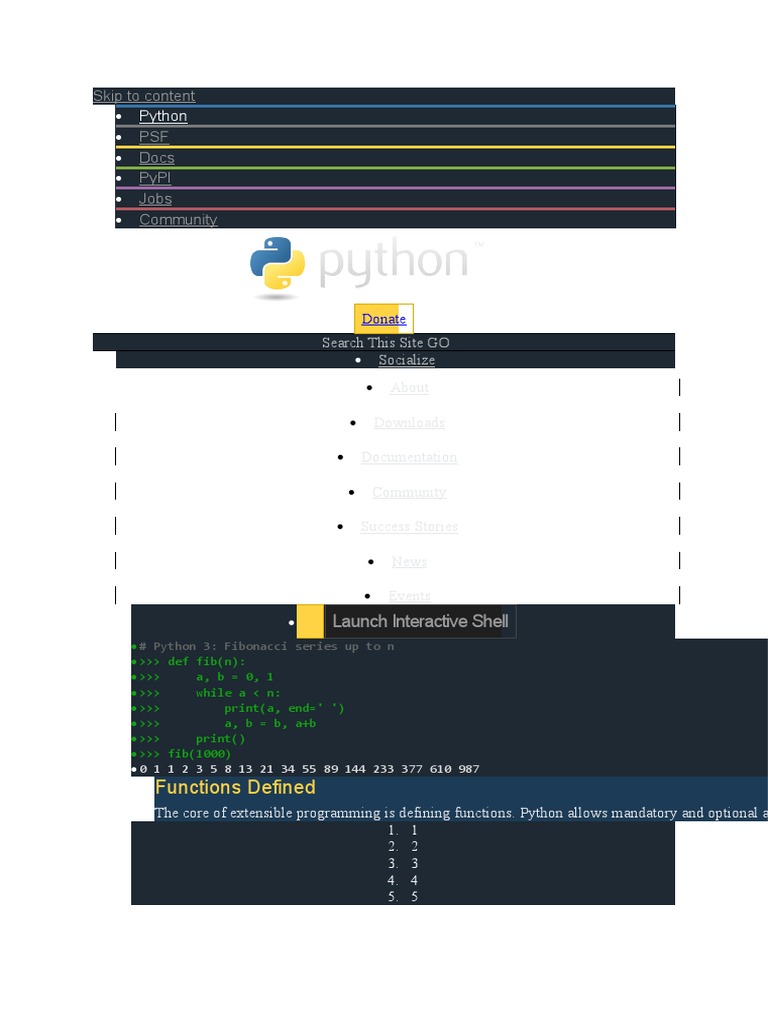 Python : Skip To Content PSF Docs Pypi Jobs Community | PDF | Python (Programming Language ...