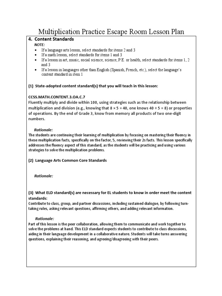 Multiplication Practice Escape Room Lesson Plan | Download Free PDF ...