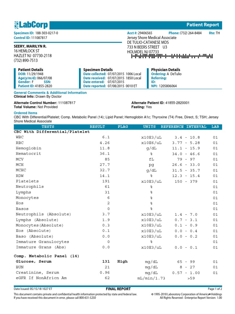 Seery, Marilyn R.: Patient Report | PDF | Cholesterol | High Density ...
